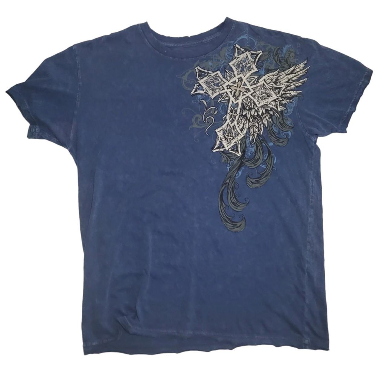 Affliction Men's Blue and Navy T-shirt | Depop