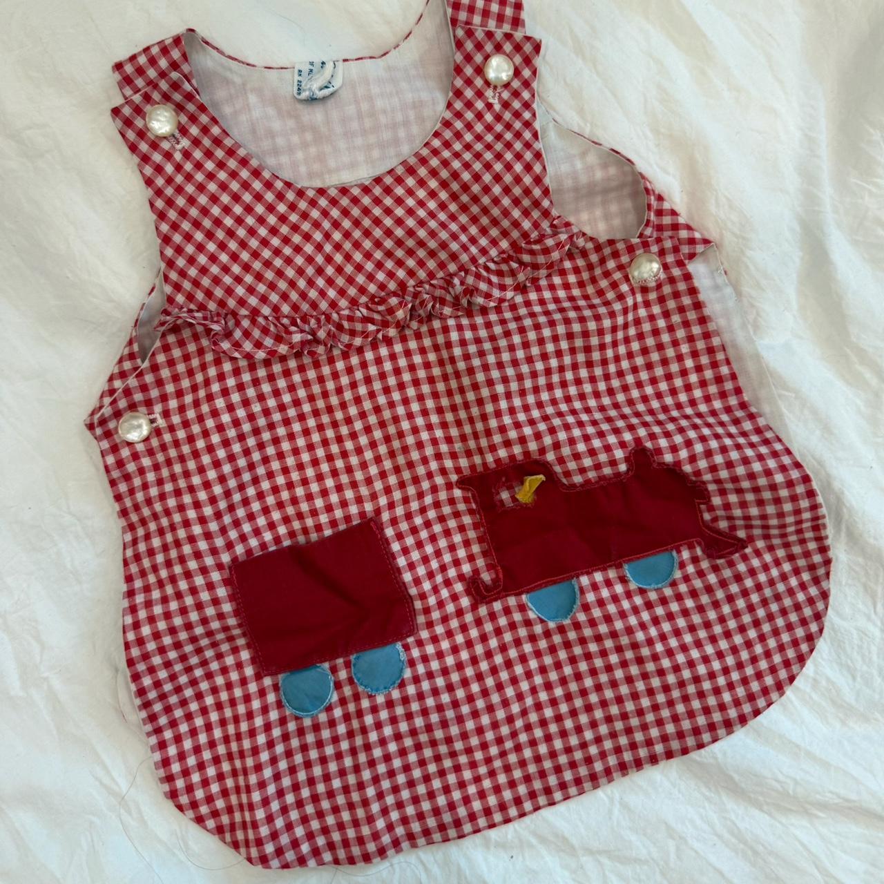 Vintage infant embroidered train apron Color - red... | Depop