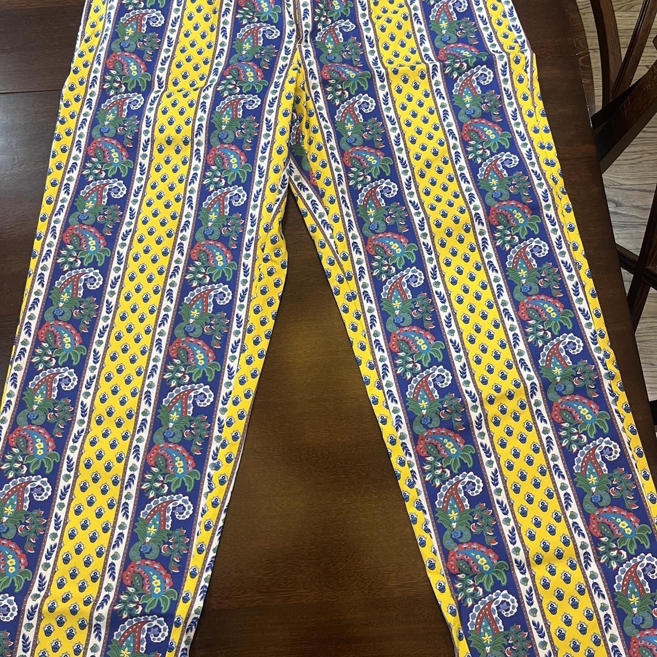 Yellow and blue paisley patterned pants with a 90s... - Depop