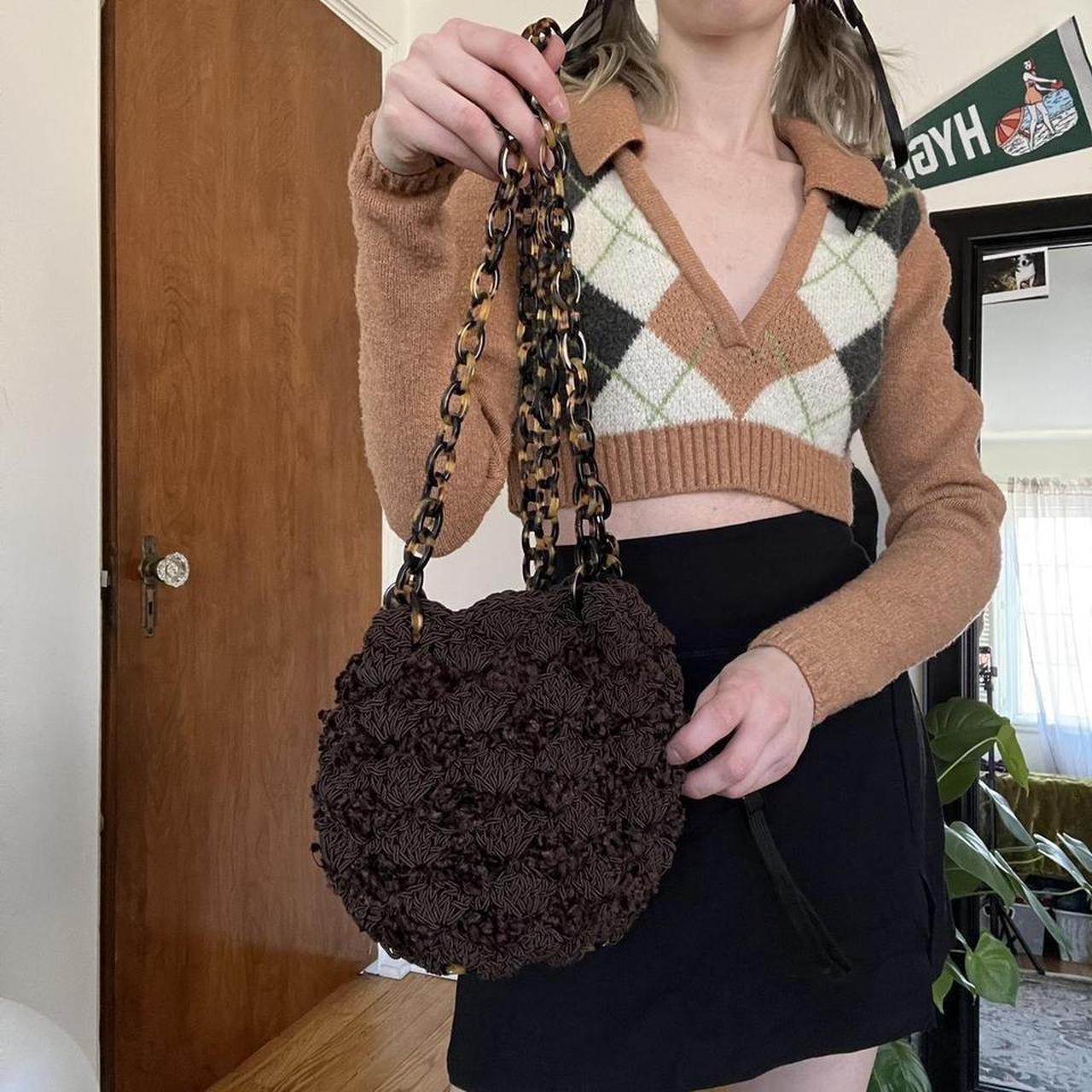 90s Brown Bucket Bag Dark brown woven material -... - Depop