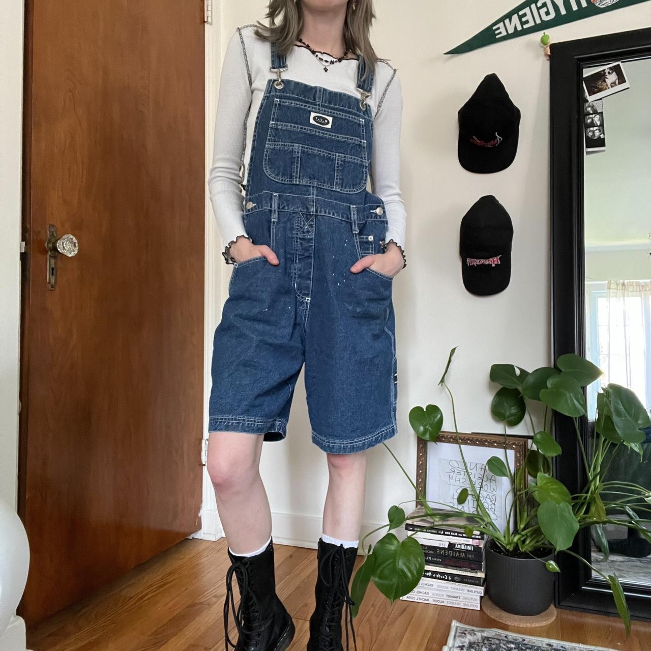 90s Denim Shortalls Medium blue denim - short... - Depop