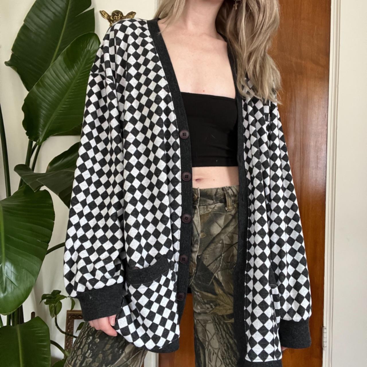 Vintage 90s Checkered Cardigan Grey and white... - Depop