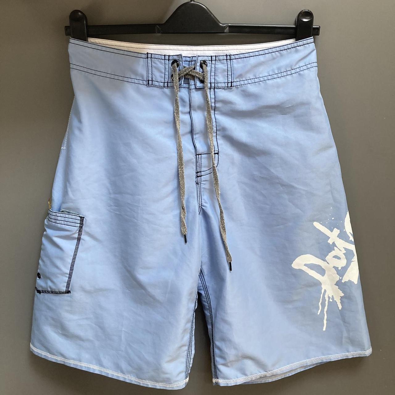 vintage dot com surf board shorts in blue large... - Depop