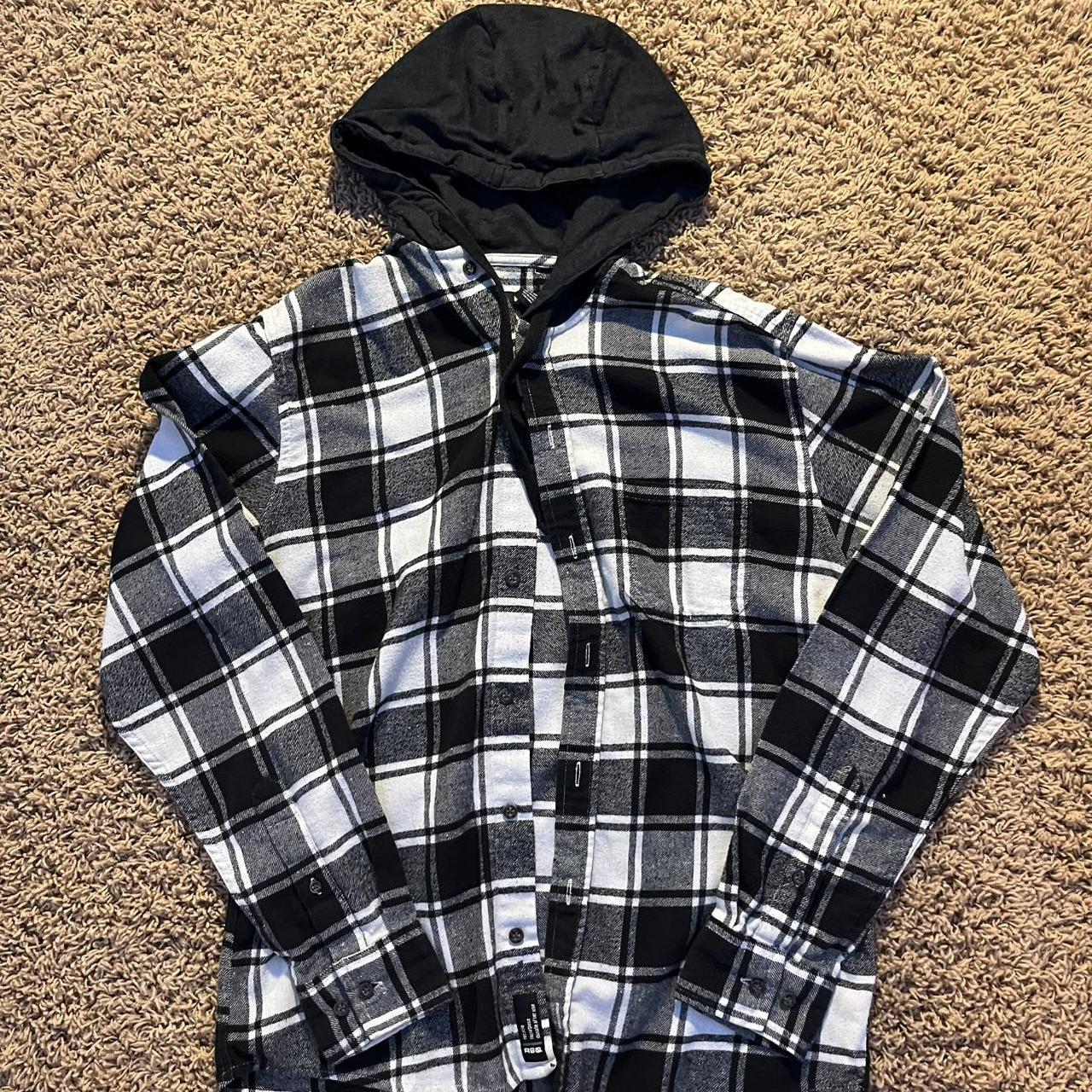 Black and white flannel jacket with hood #flanneljacket | Depop