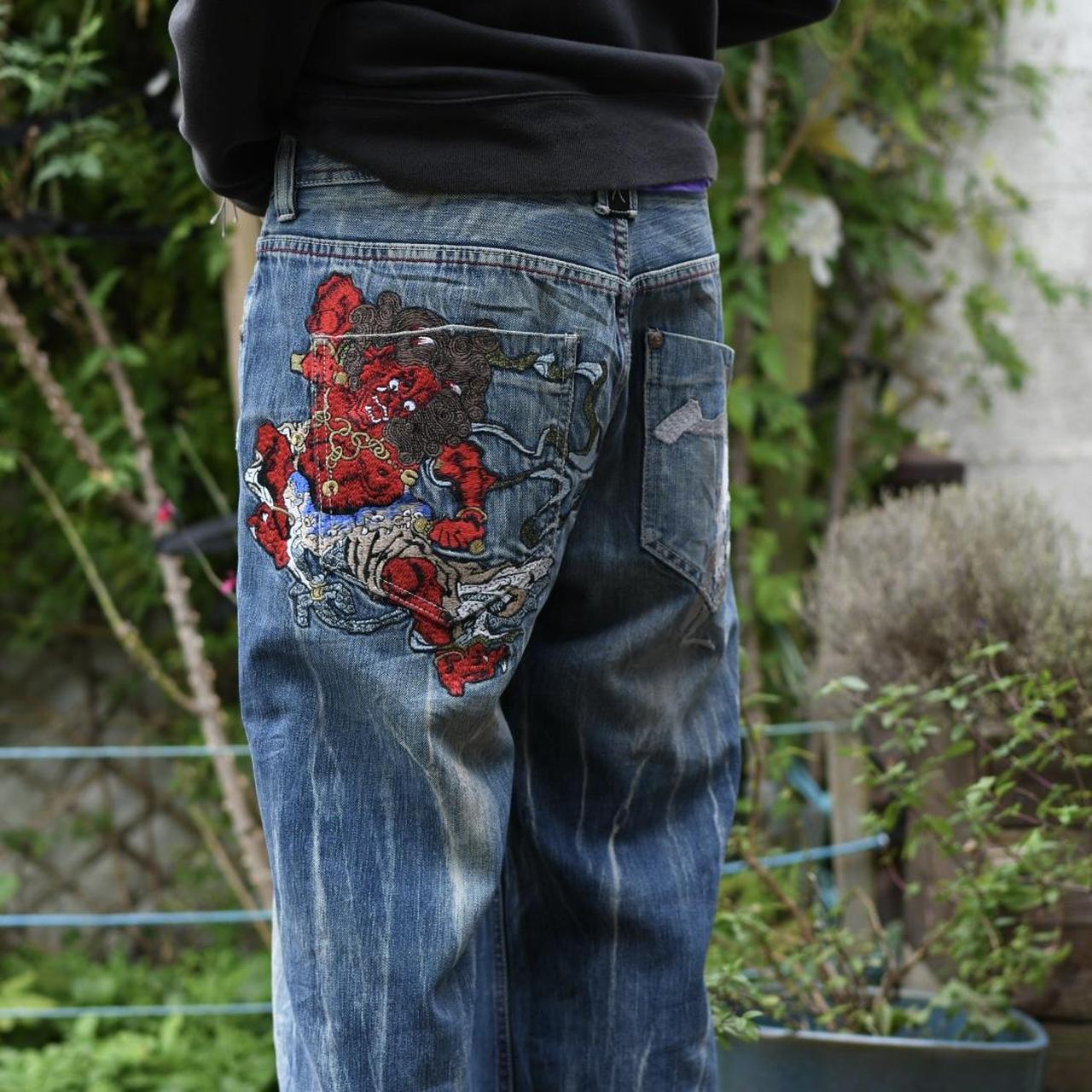 Big Train Embroidered Oni Demon Denim Jeans... - Depop