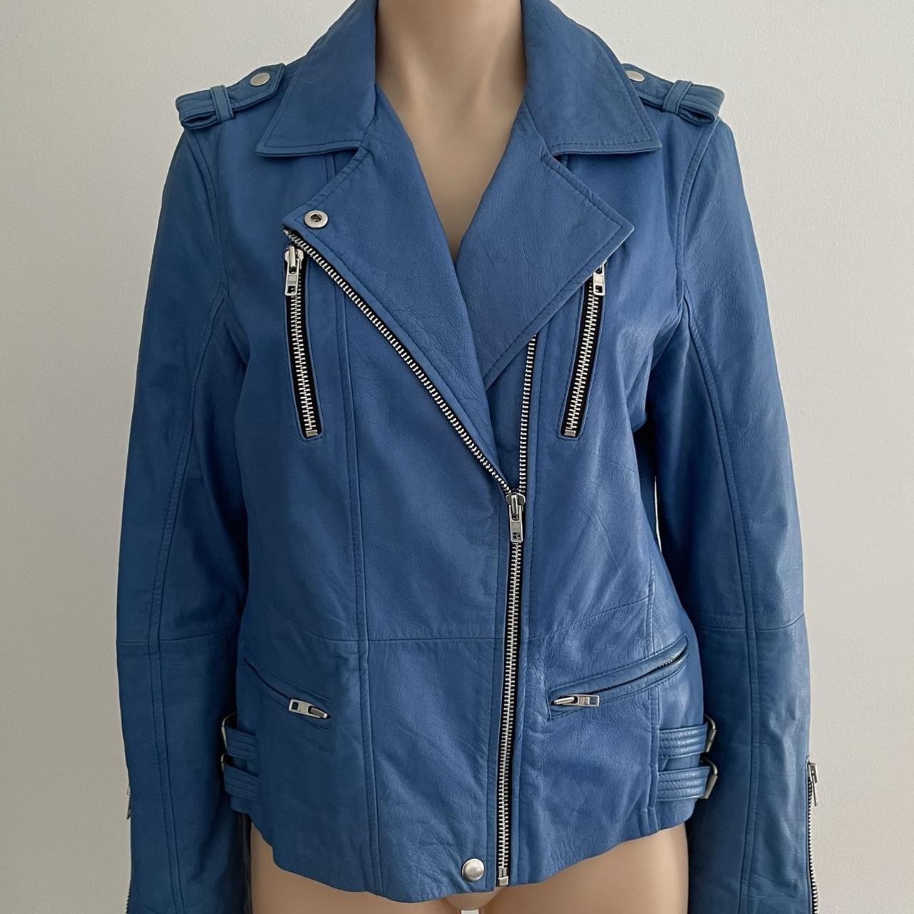 Witchery Blue Leather Biker Jacket Size 12 Some... - Depop