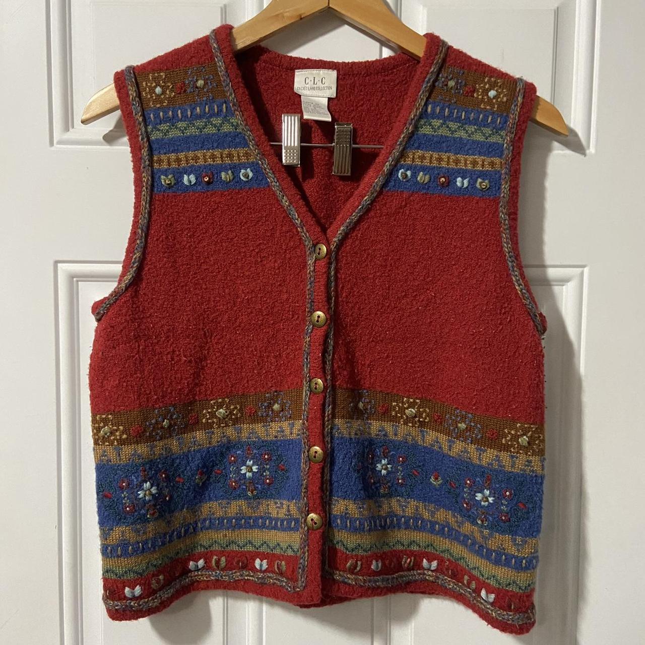 90's Vintage Red Wool Knit Floral Embroidered Vest... - Depop