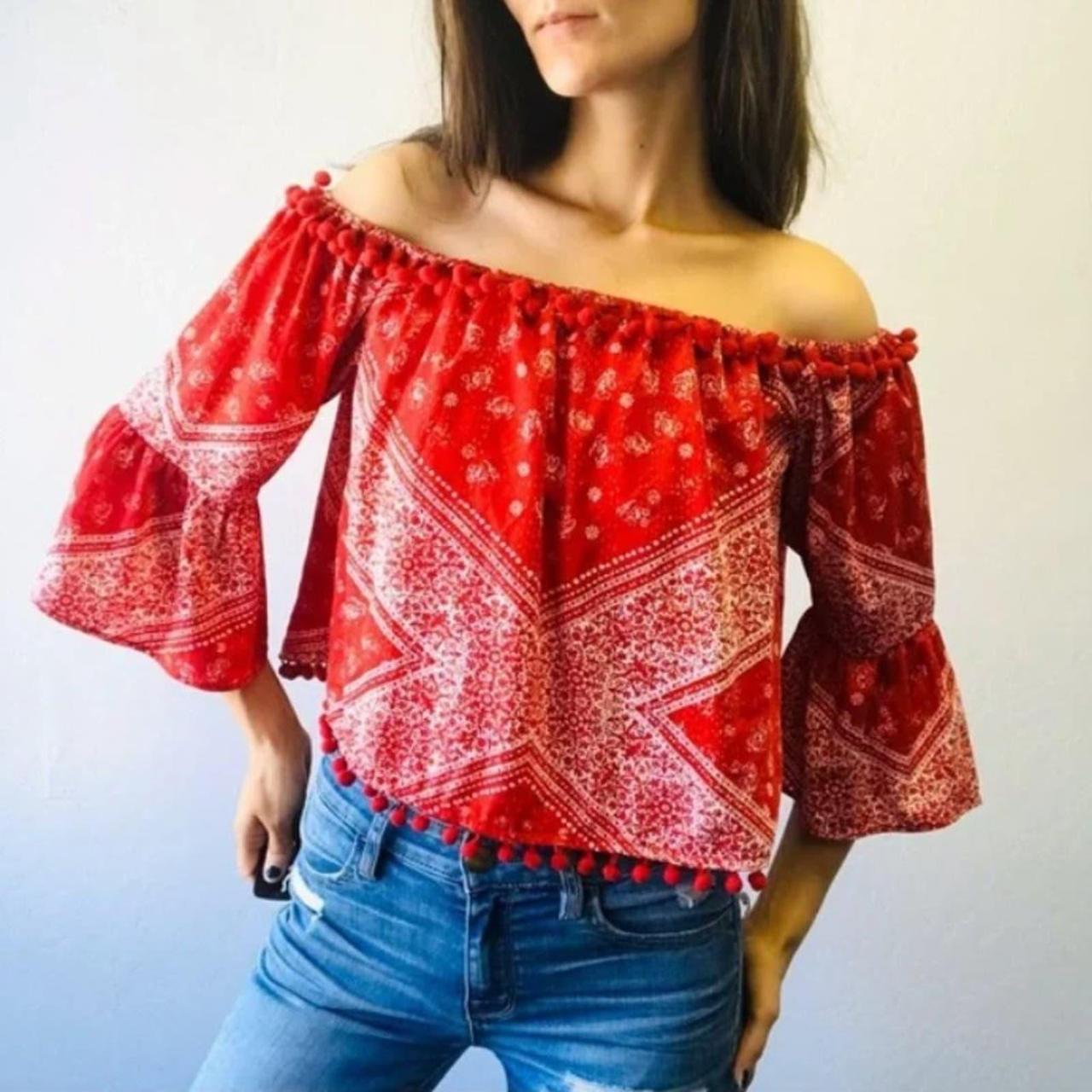 Revolve Tularosa Red Bandana Off Shoulder Top Pom... - Depop
