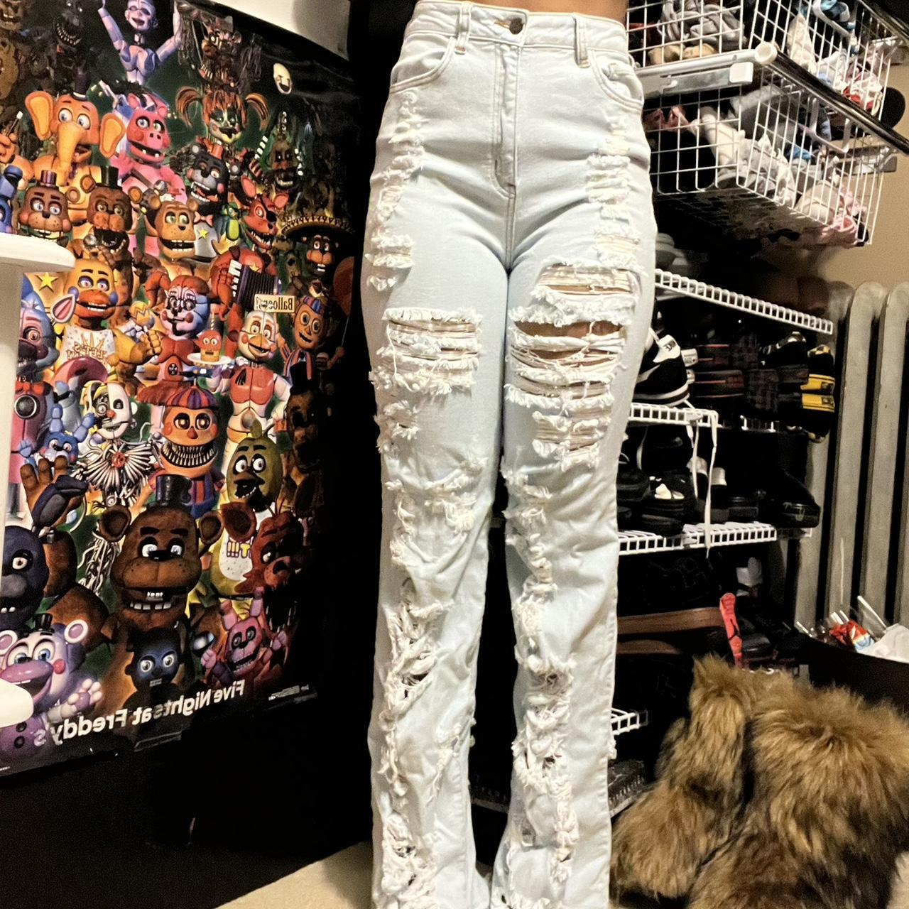 Baby blue ripped flare jeans! Never worn (besides... - Depop