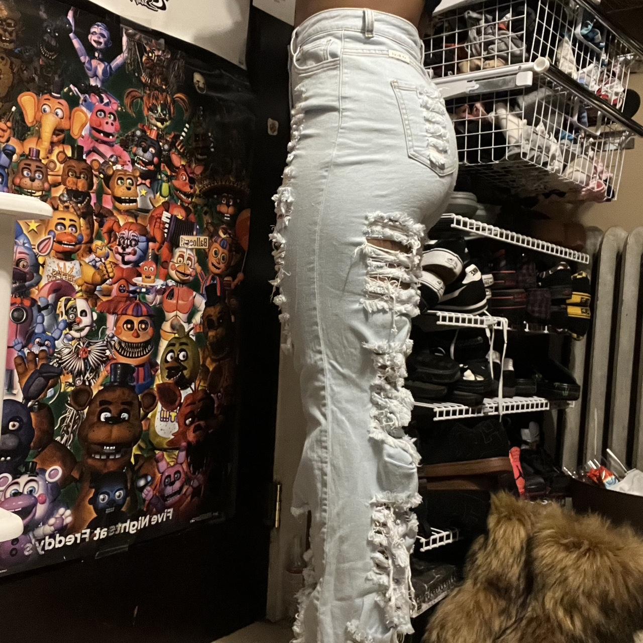 Baby blue ripped flare jeans! Never worn (besides... - Depop