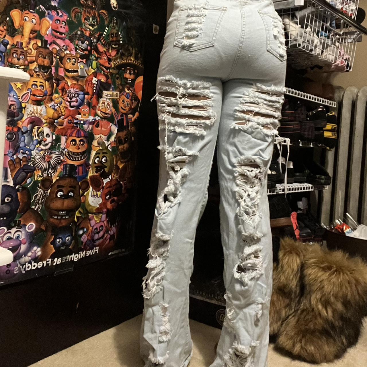 Baby blue ripped flare jeans! Never worn (besides... - Depop