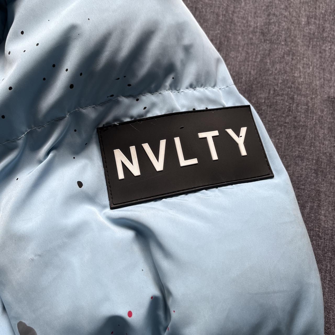 baby blue nvlty puffer paint splatter coat size... - Depop