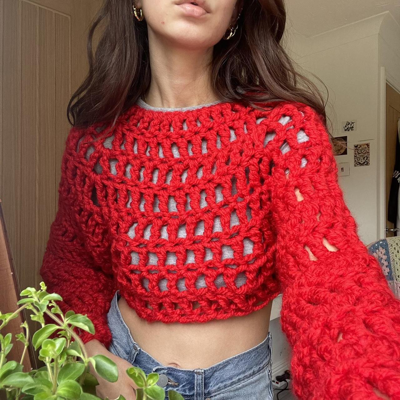 handmade crochet cropped jumper handmade w red... - Depop