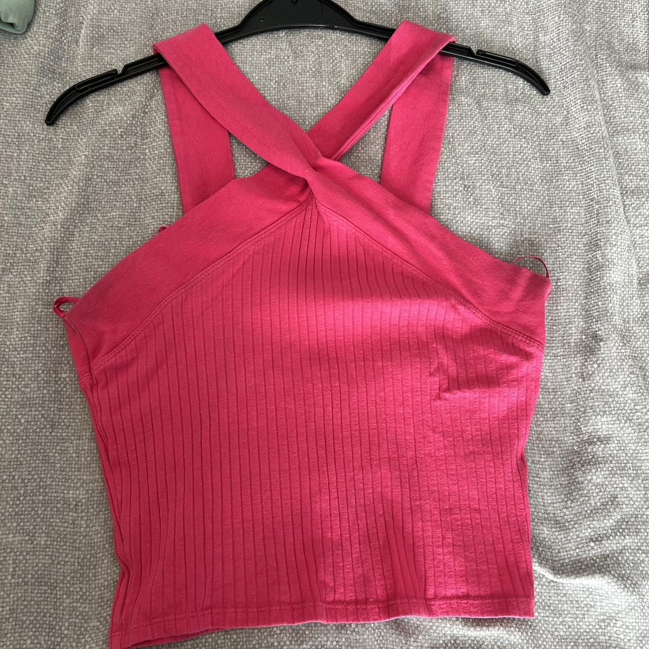 Pink Zara cropped top. Crosses over at the neck. - Depop