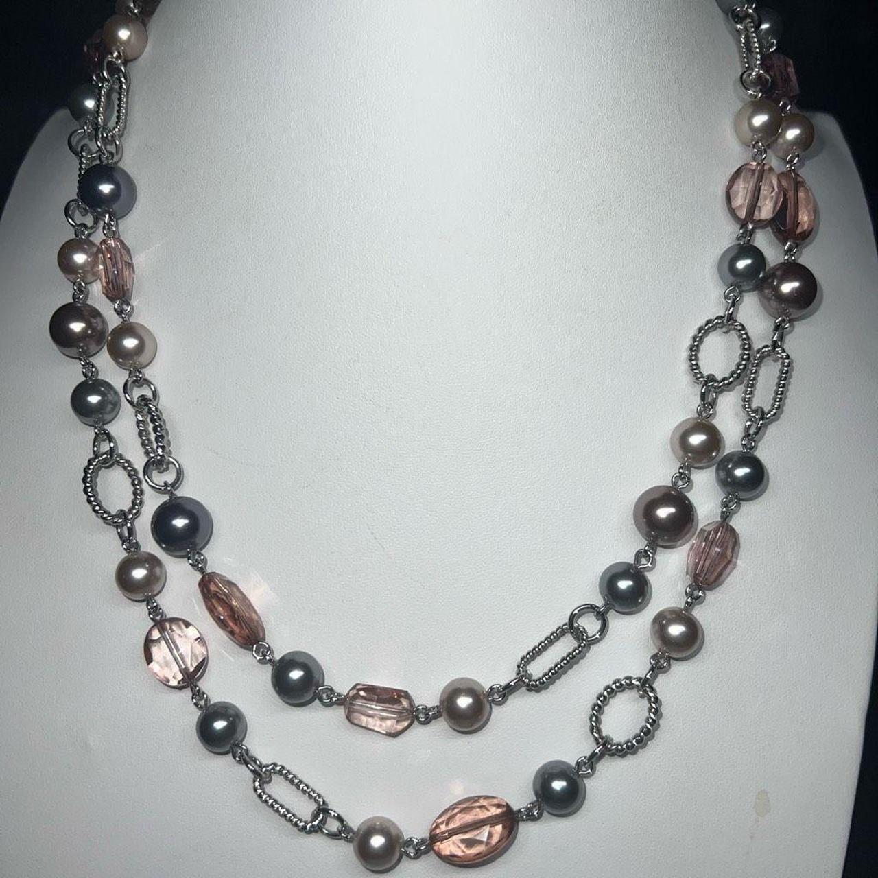 Premier Designs Long Silver Tone Chain Pink Bead... - Depop