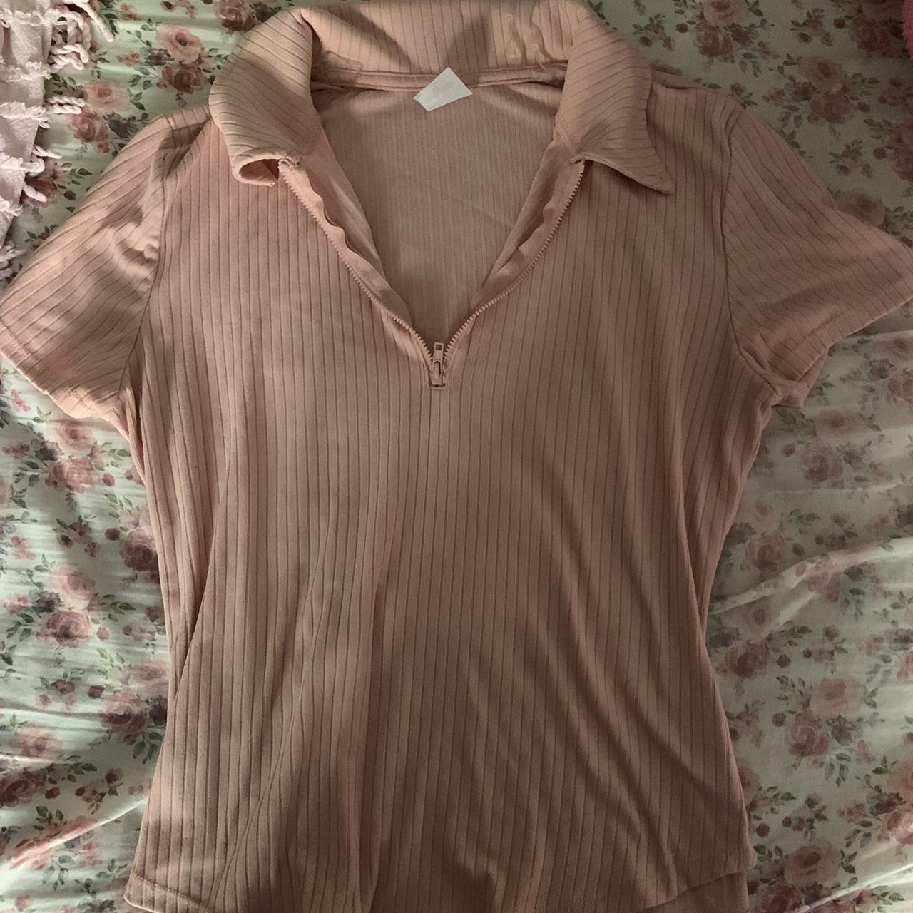light pink zip up collared top • hardly worn, thin... - Depop