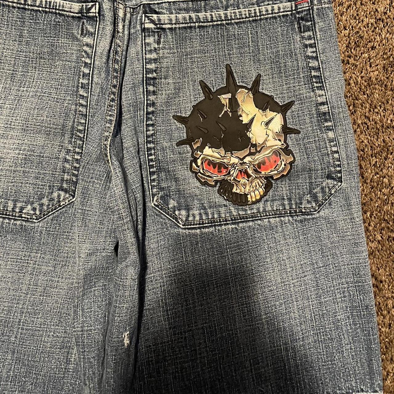 crazy skull embroidered jnco jorts size 33 crazy... - Depop