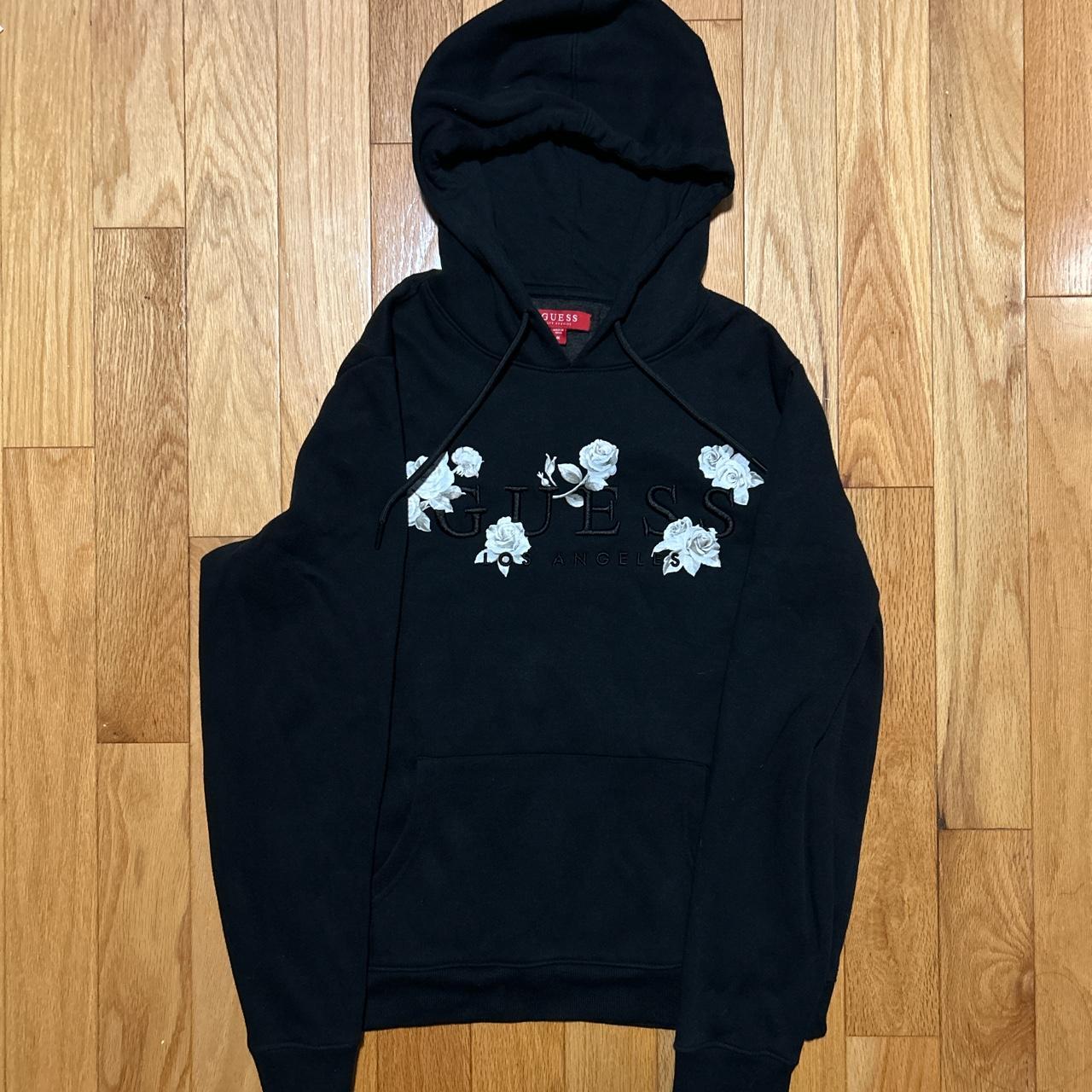 Black GUESS hoodie with white roses. Good for... - Depop