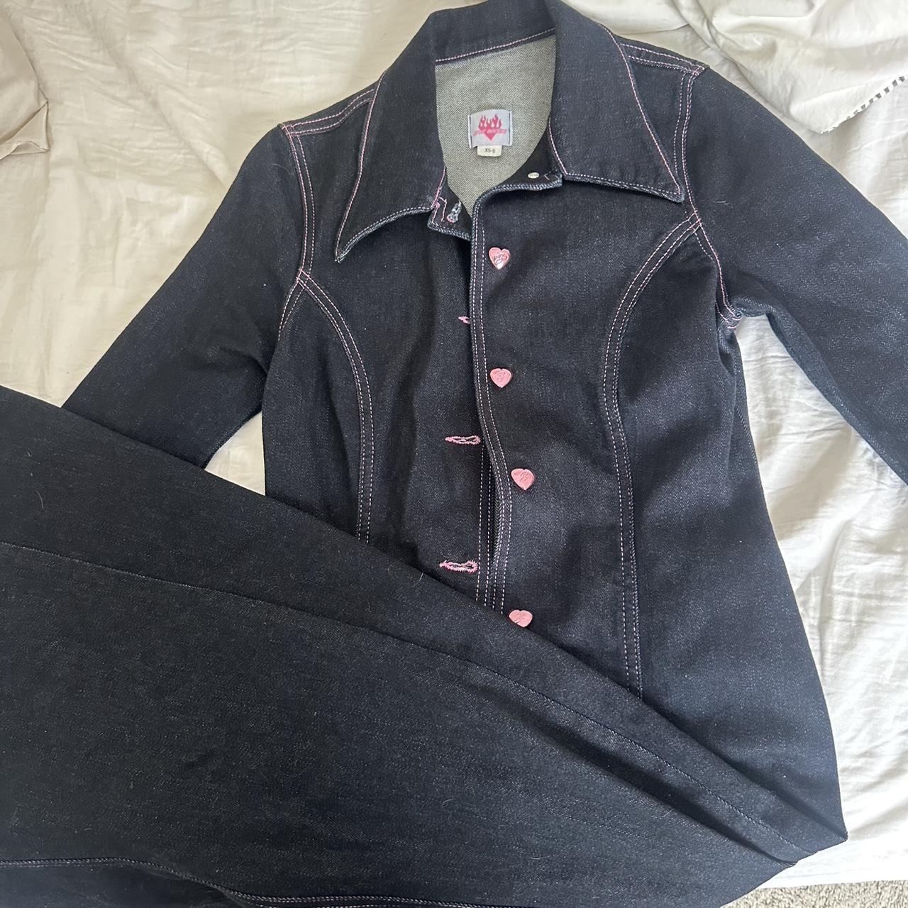 Navy denim jacket with pink hearts and pink... | Depop