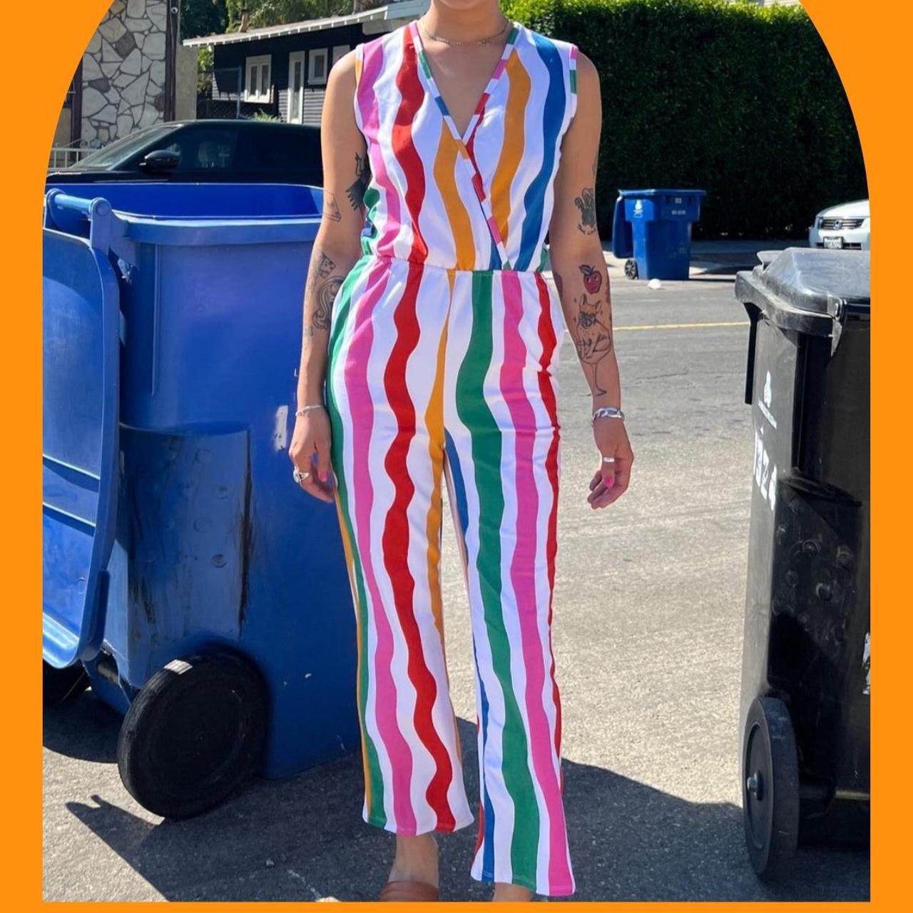 Lucy and Yak Women's White and Blue Jumpsuit | Depop