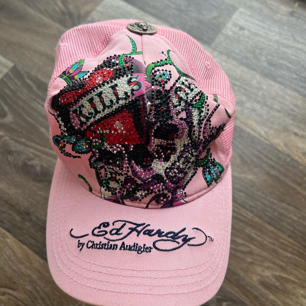 Y2K Ed Hardy hat Pink adjustable #y2k #hat #unisex - Depop