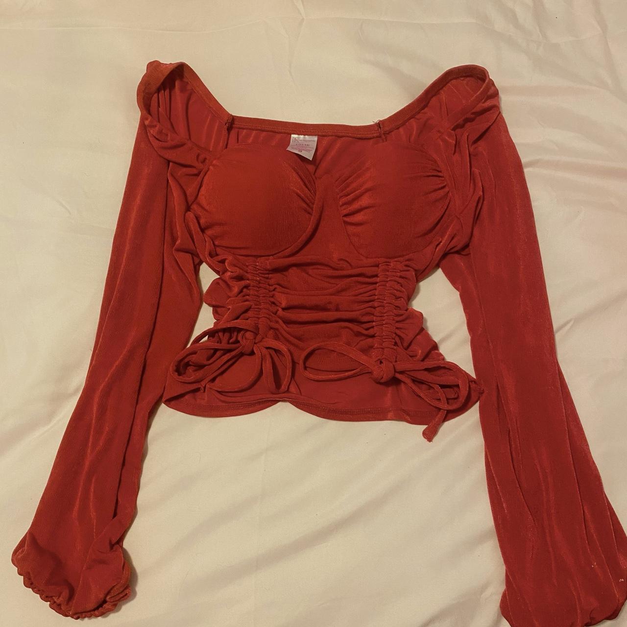 y2k ruched peasant red long sleeve crop top ! -... - Depop