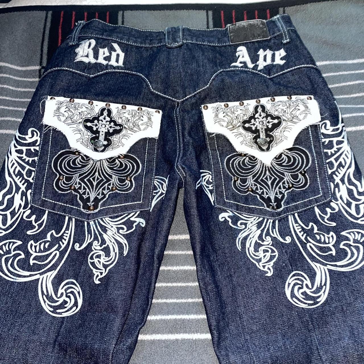 HELLA SICK AND RARE EMBELLISHED RED APE JEANS FULL... - Depop