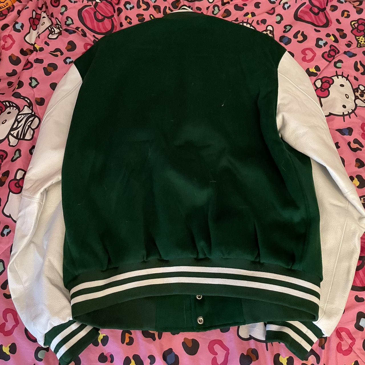 green & white varsity jacket with white leather sleeves - Depop