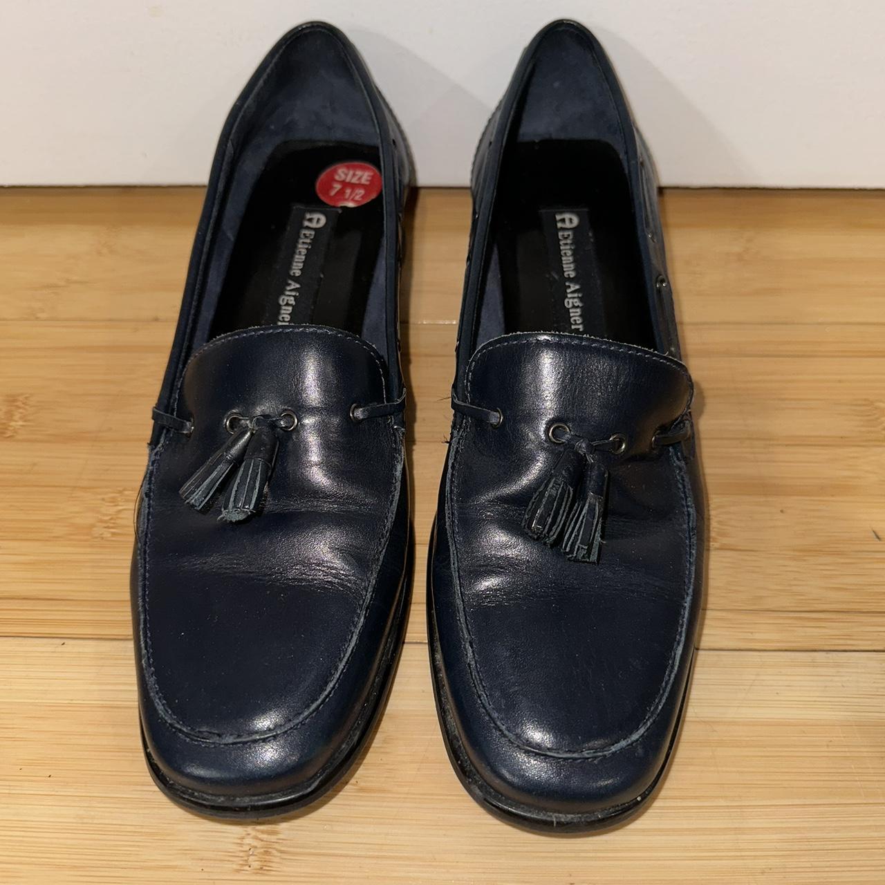 Vintage Etienne Aigner Navy Blue Tassle Loafers Size... - Depop