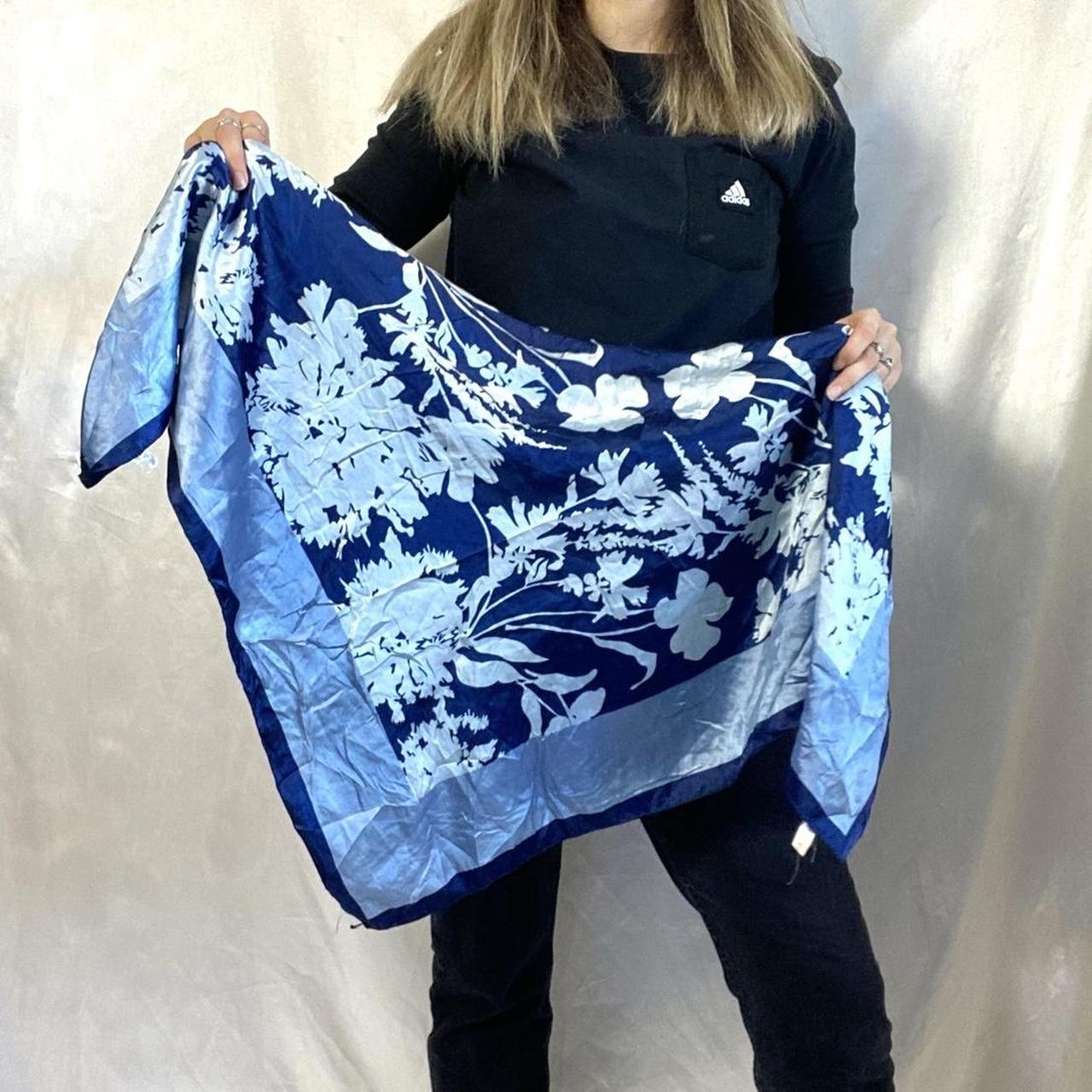 Vintage square scarf Navy and blue floral pattern... - Depop