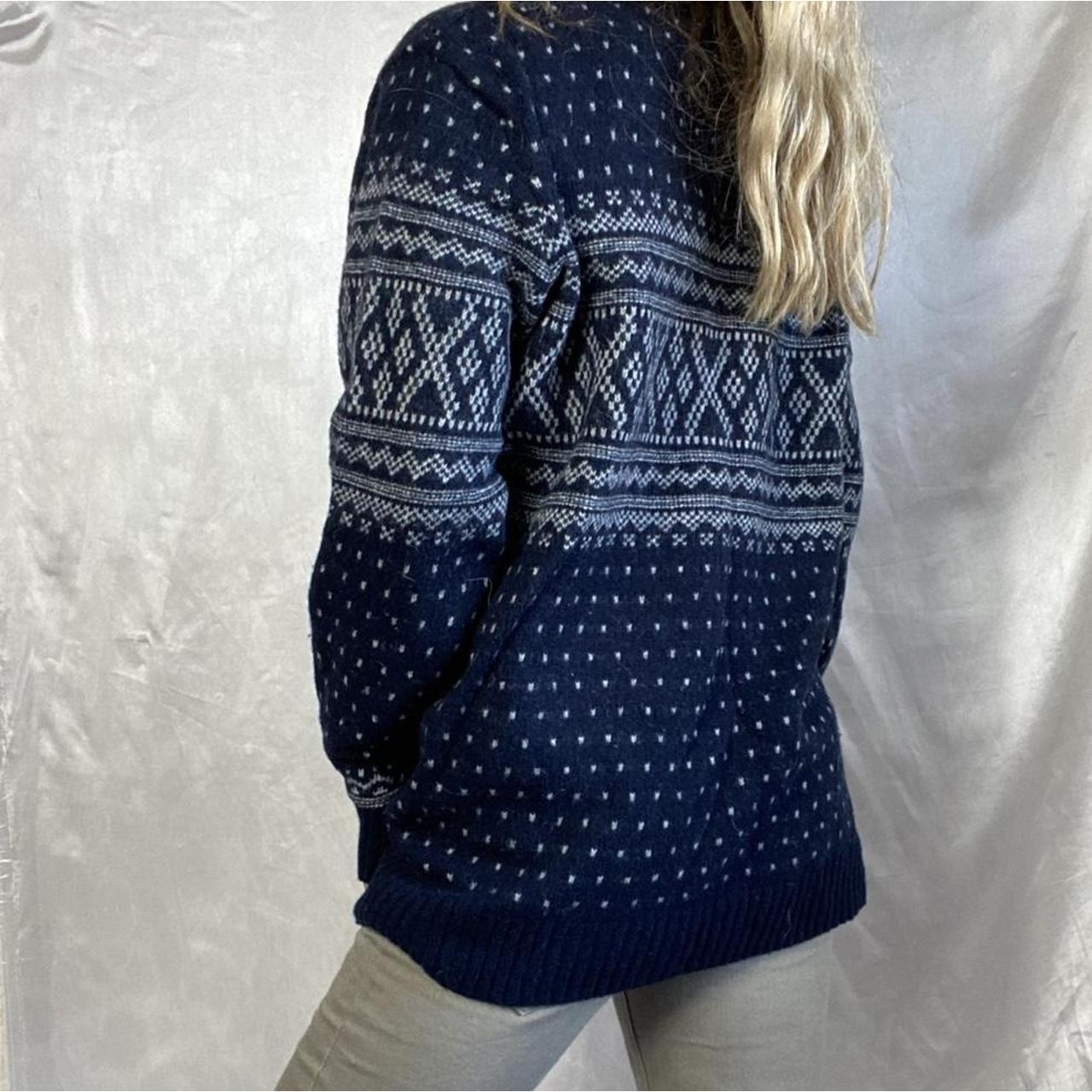 Navy patterned wool jumper Winter grandad jumper... - Depop
