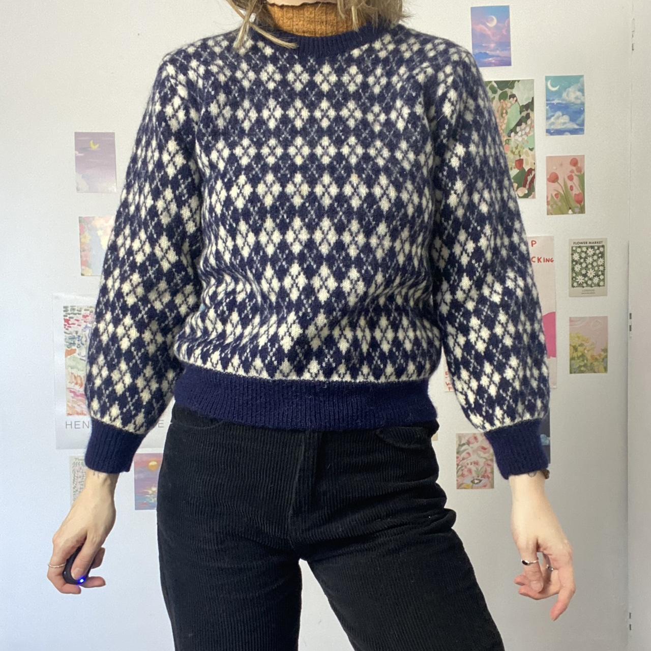 Vintage patterned wool jumper 90s vintage wool navy... - Depop