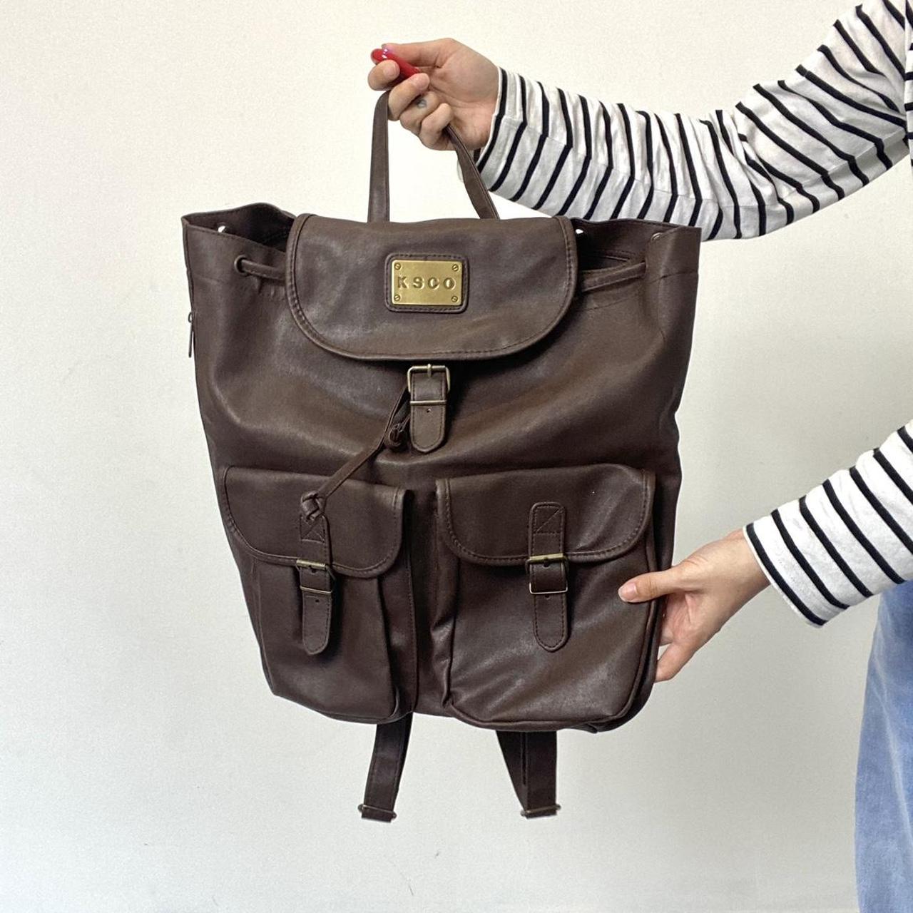 Vintage brown backpack Faux leather dark brown... - Depop