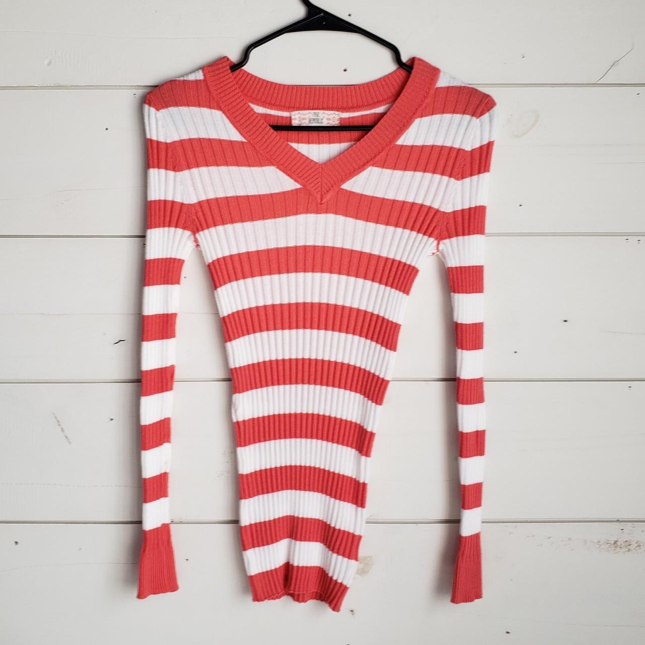 PINK REPUBLIC CORAL & WHITE STRIPES FITTED, V-NECK... - Depop