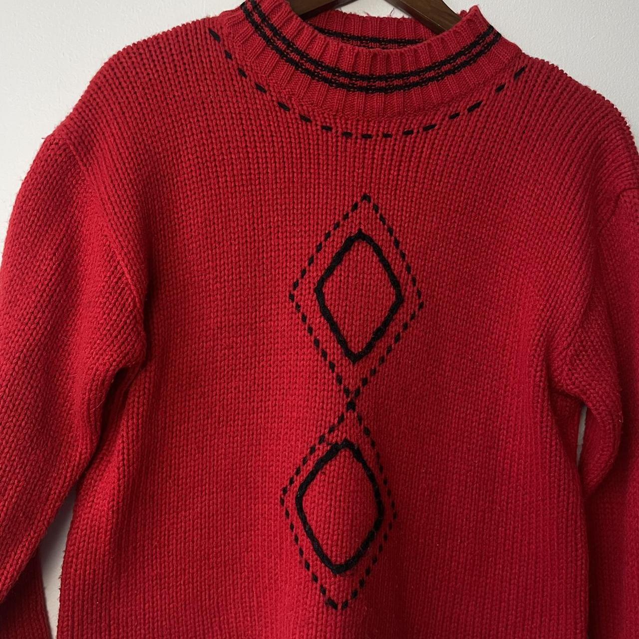 🧶 Red handmade knit sweater 🃏black Diamond & stripe... - Depop