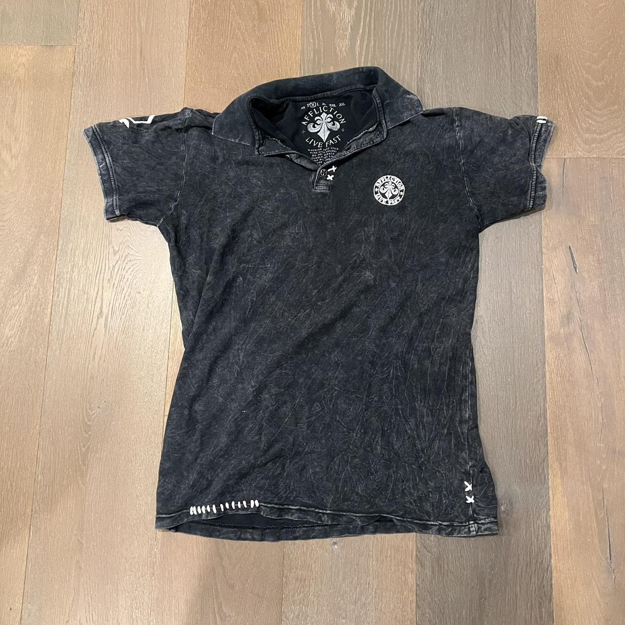 - affliction black embroidered short sleeve polo... - Depop