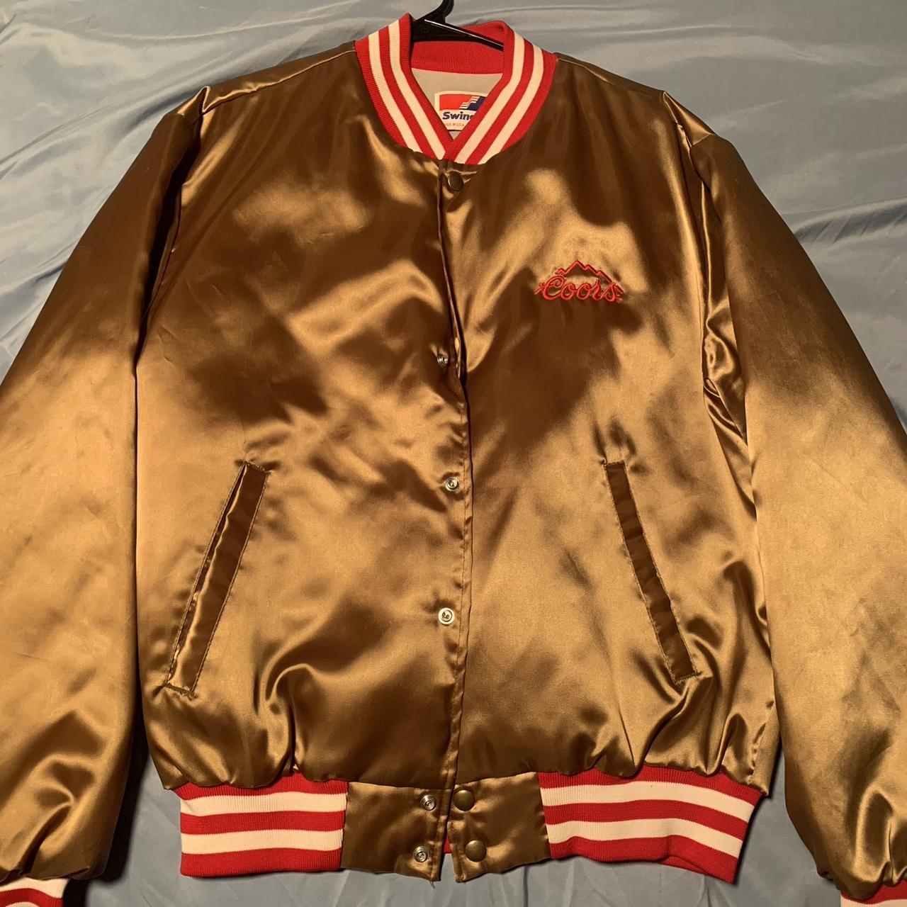 80s Coors Beer satin bomber jacket - gold and red... - Depop