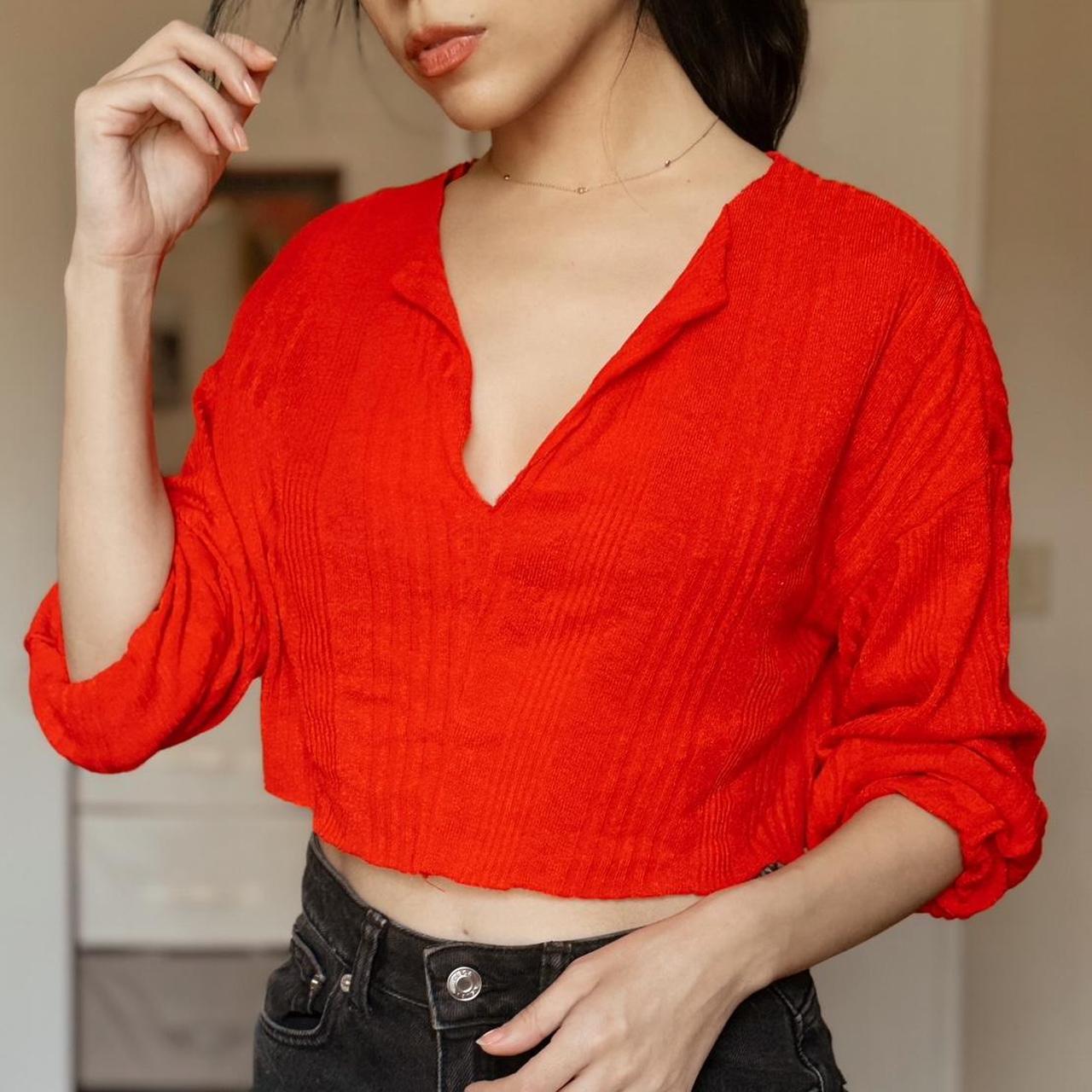 Vintage red oversized cropped long-sleeve blouse No... - Depop
