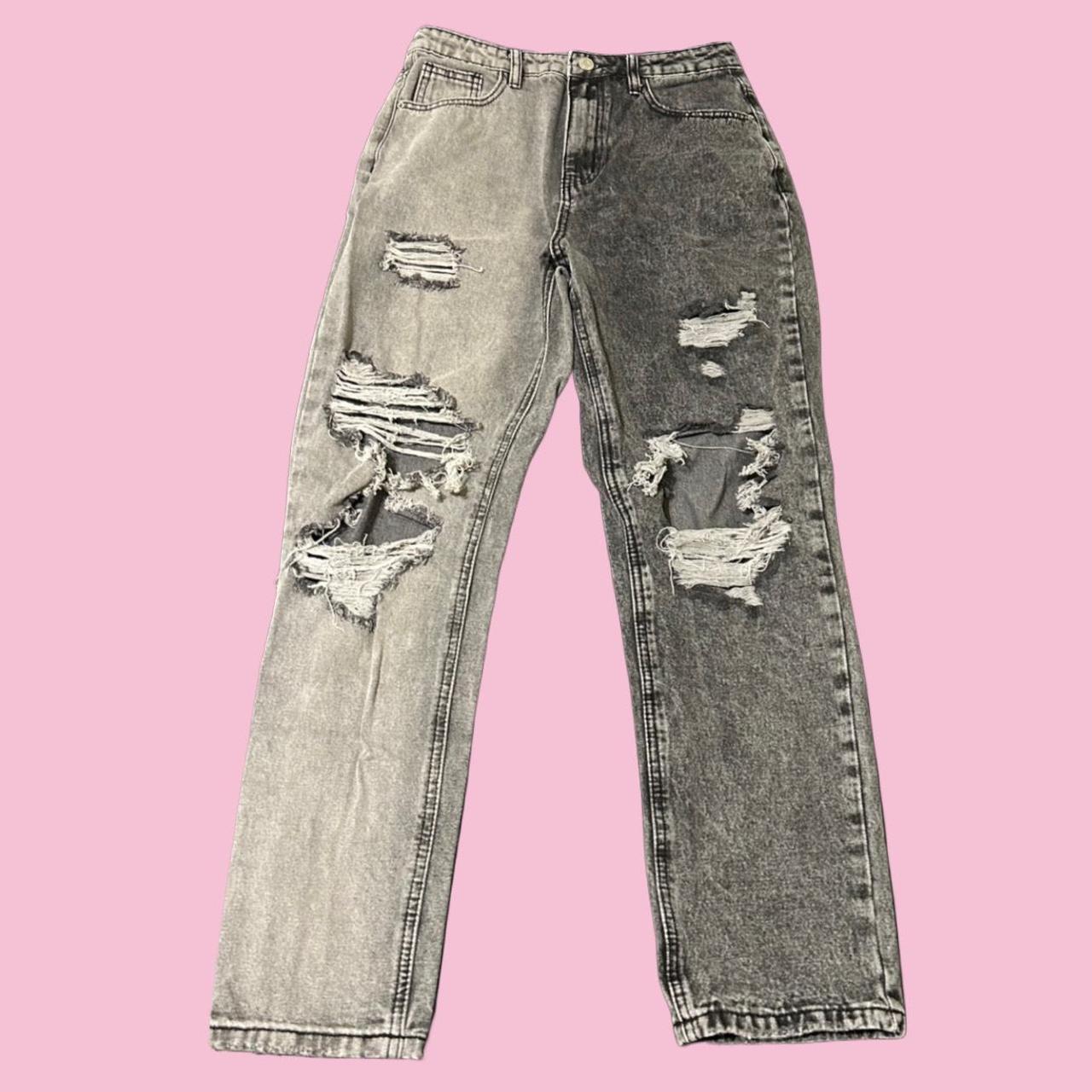 split color ripped/distressed denim jeans light and... - Depop