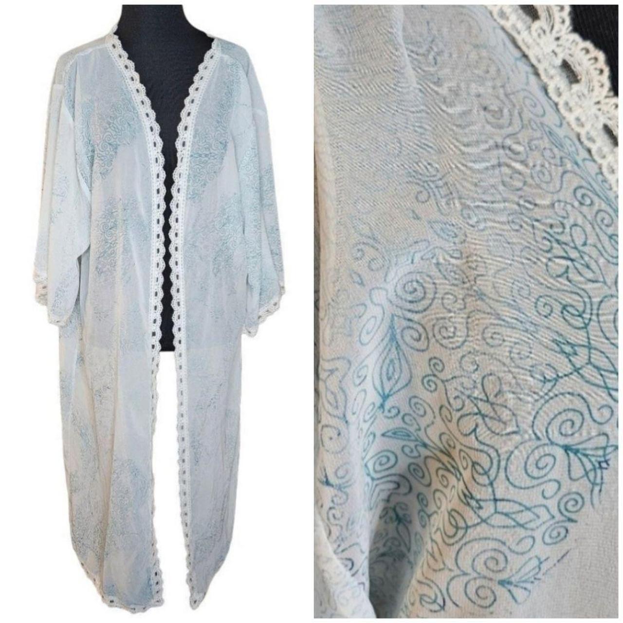 Lularoe Shirley Kimono - Medium - White with Teal... | Depop