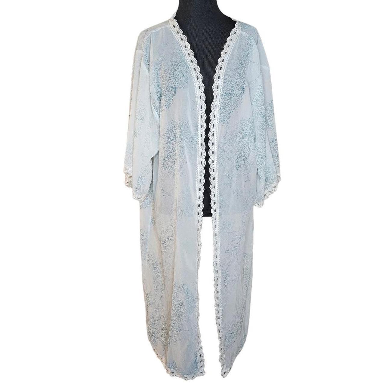 Lularoe Shirley Kimono - Medium - White with Teal... | Depop