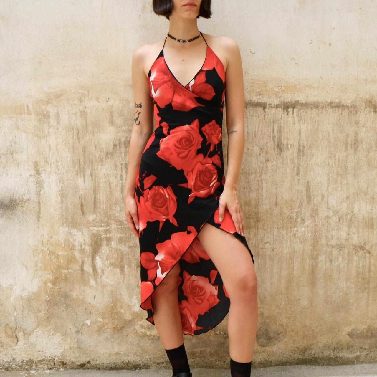 90s Asymmetrical Red Rose Maxi Dress Best Fits:... - Depop