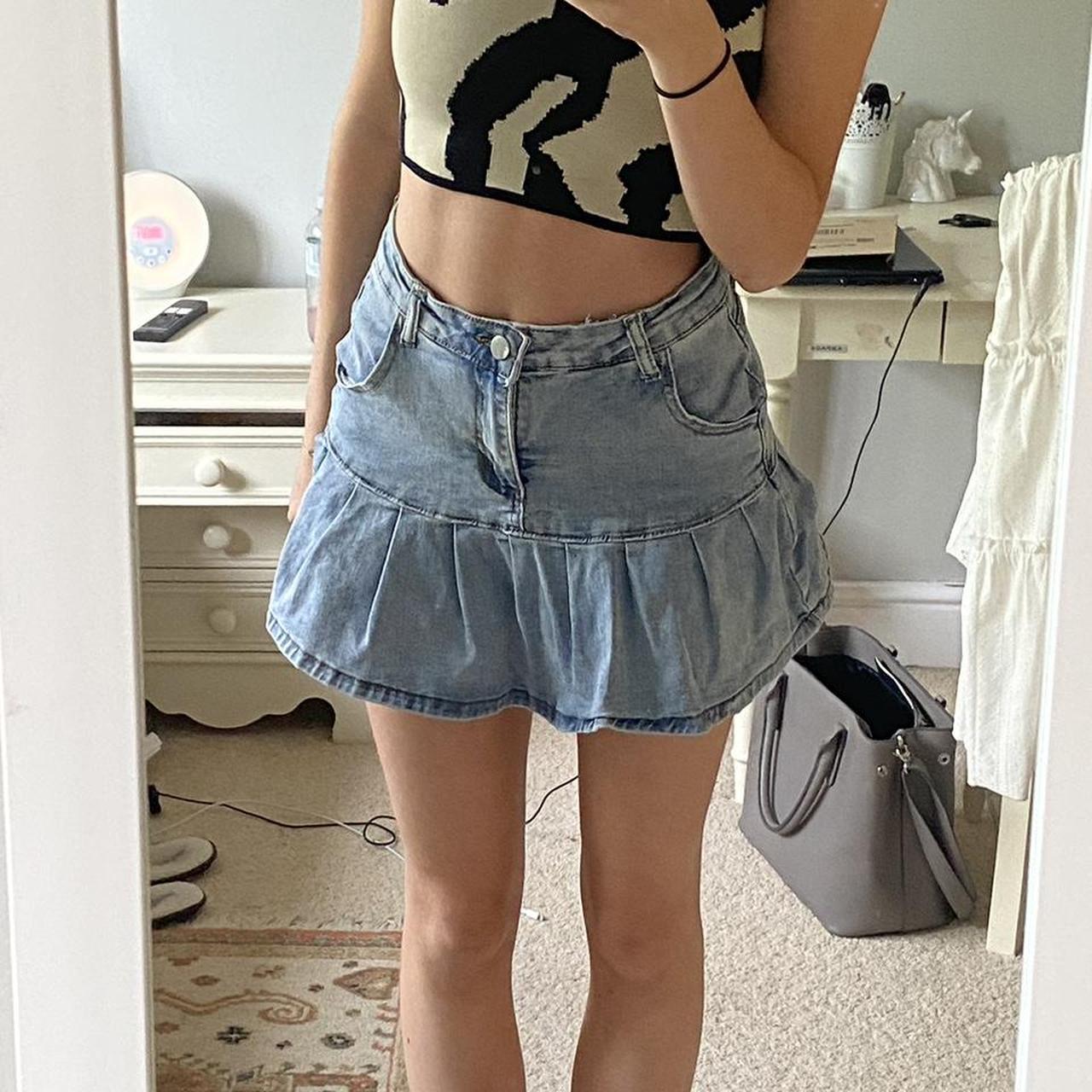 Super cute denim skort - fits size xs- m - stretchy... - Depop