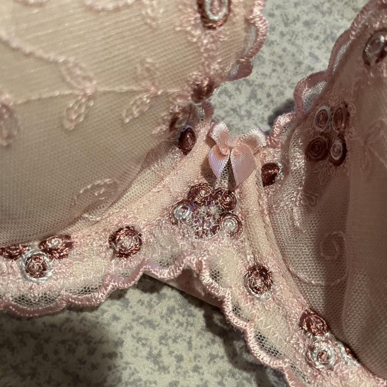 Pink lace bra with tiny flower stitching, bra is a... | Depop