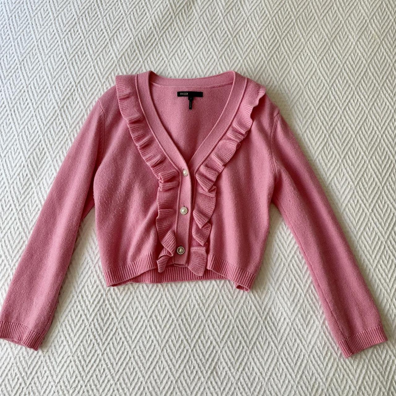 Maje Pink Ruffle Sweater with Pearl Buttons | Size 2... - Depop