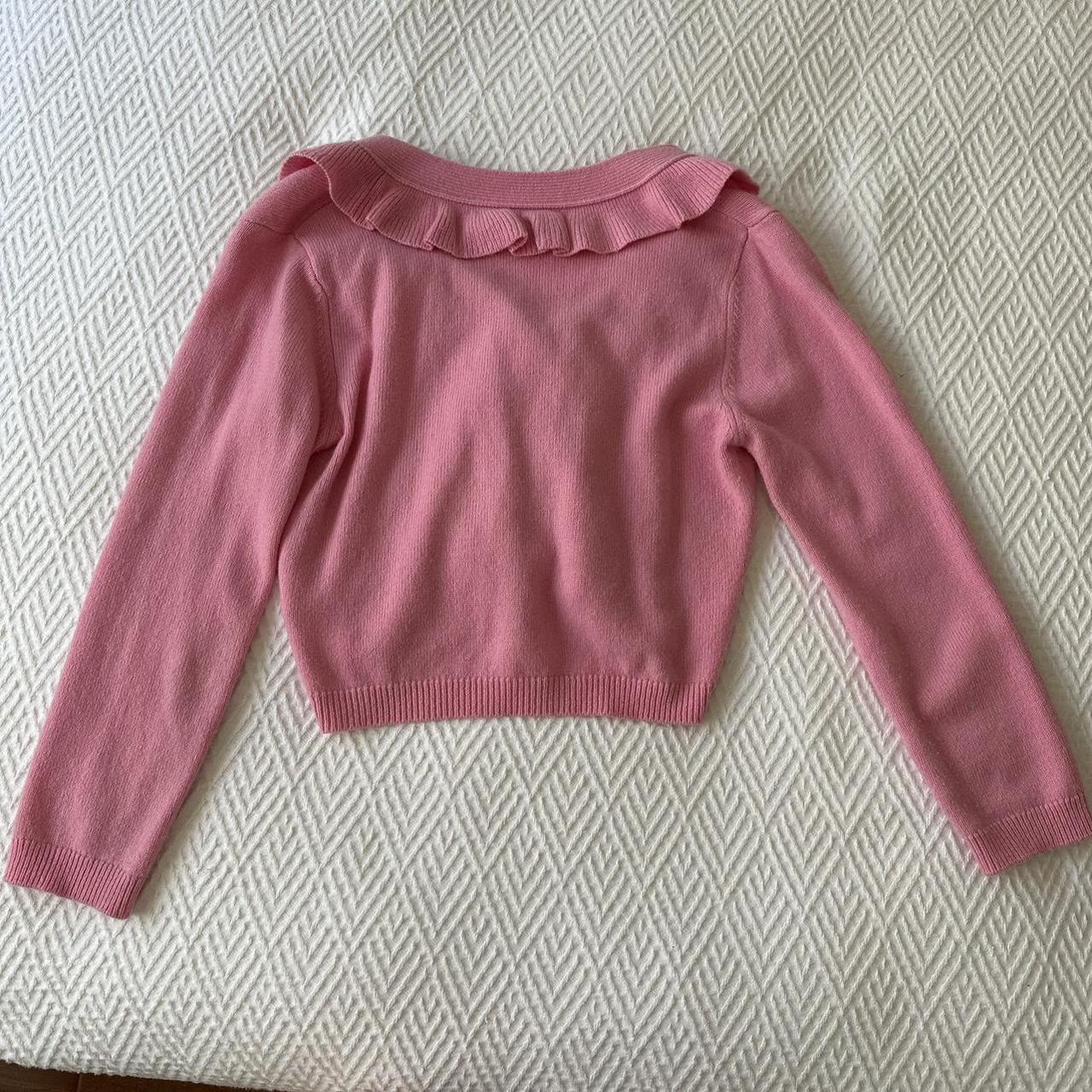 Maje Pink Ruffle Sweater with Pearl Buttons | Size 2... - Depop
