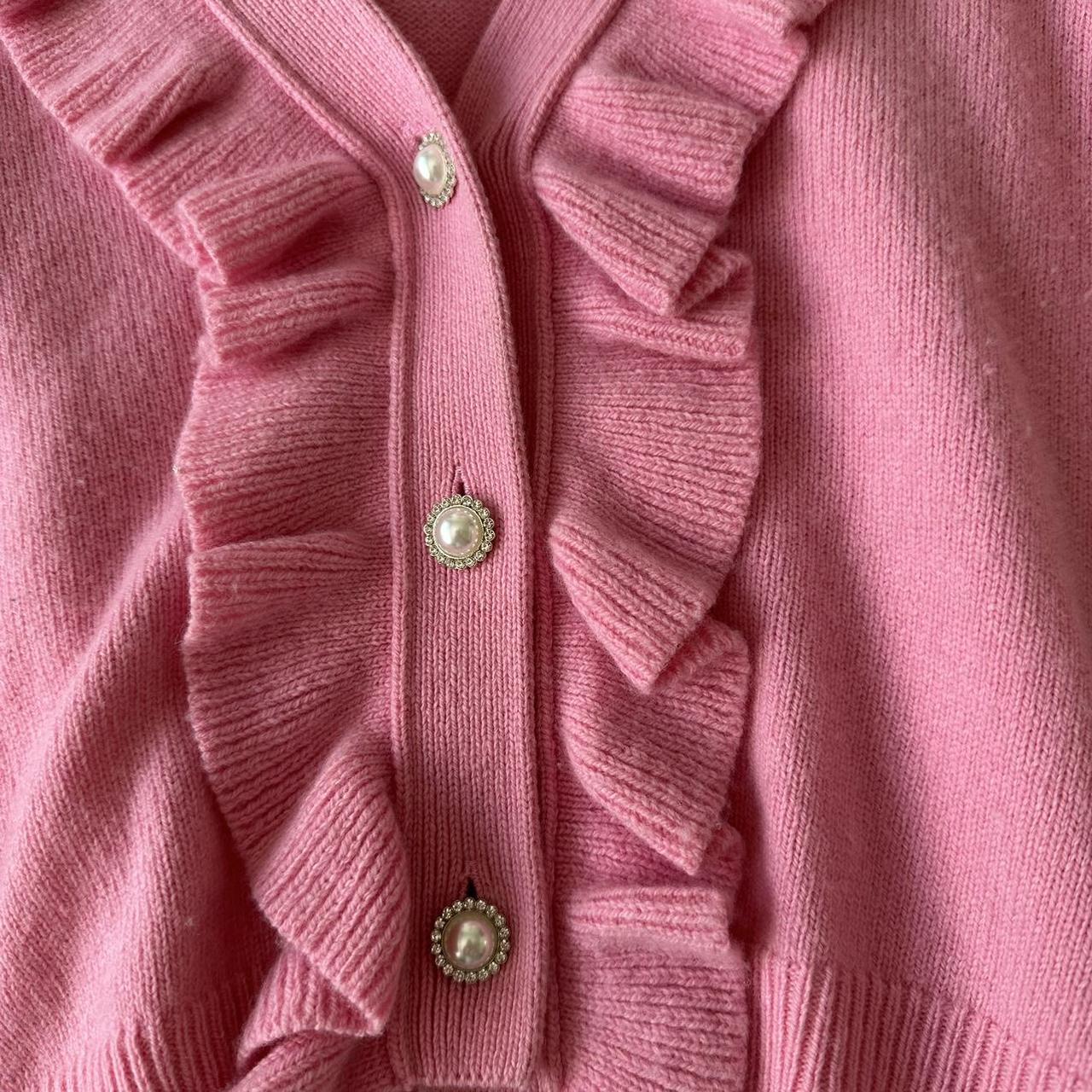 Maje Pink Ruffle Sweater with Pearl Buttons | Size 2... - Depop