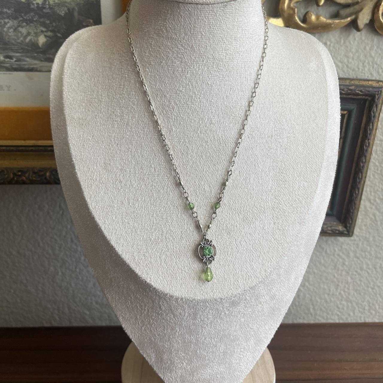Vintage style light green beads with silver tone... - Depop
