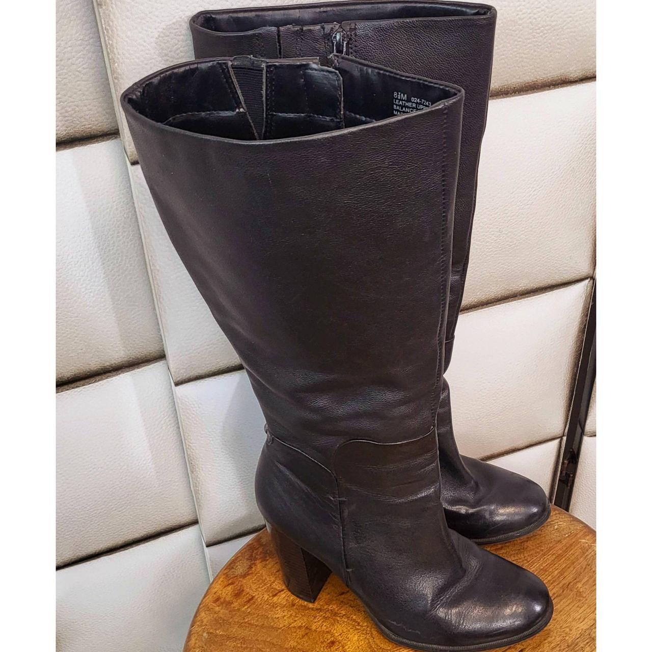 Black leather calf length dress boots. 3 inch block... - Depop