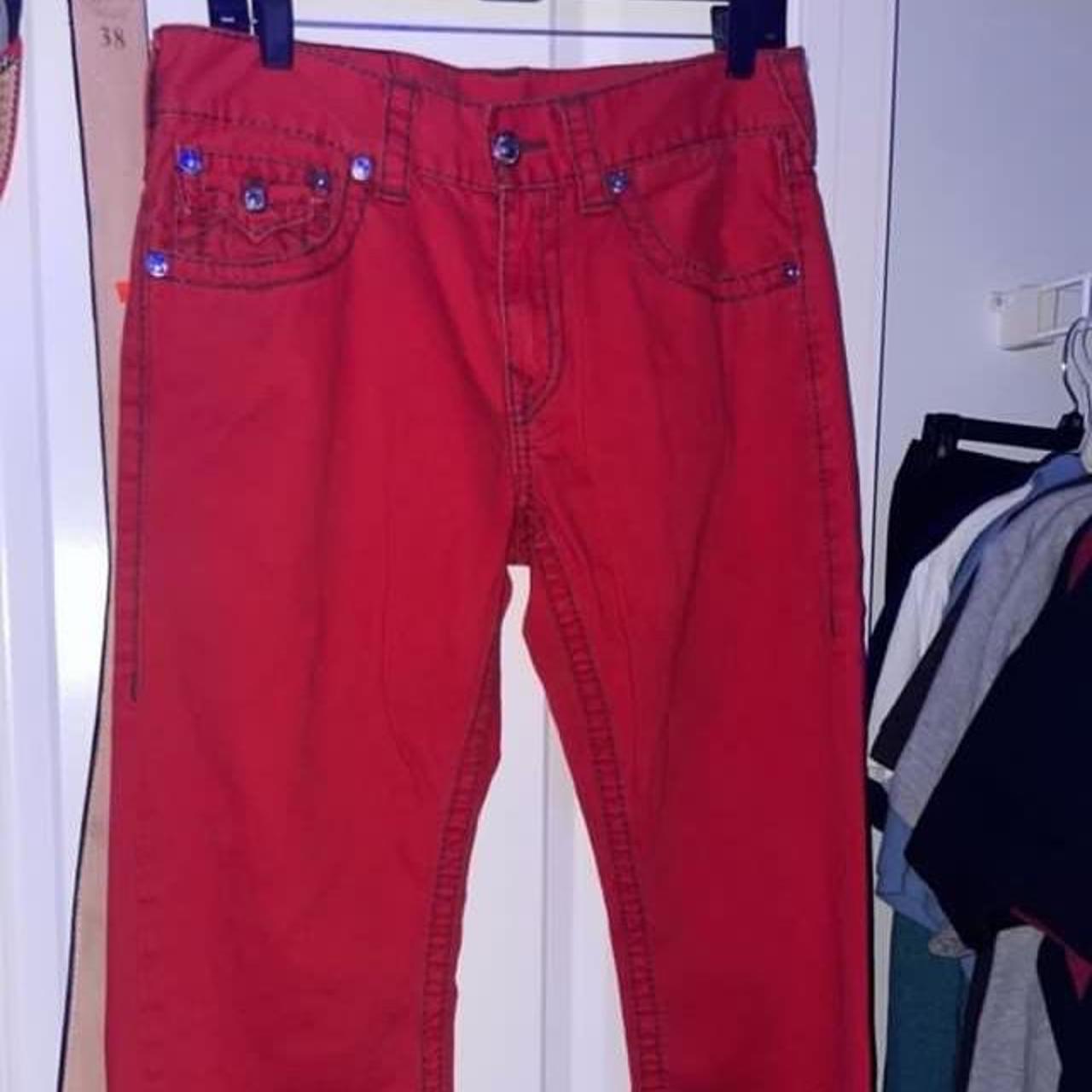 RARE blood red trueys with brown stitches, 31x32... - Depop